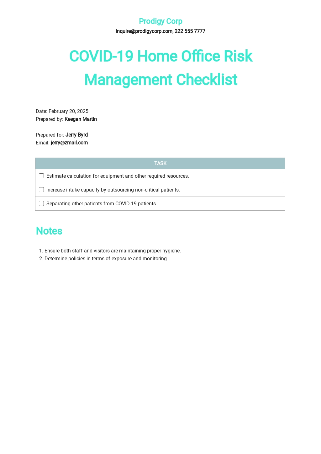 Coronavirus COVID-19 Home Office Risk Management Checklist Template
