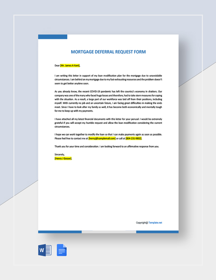 Coronavirus Mortgage Deferral Request Form Template - Google Docs, Word ...