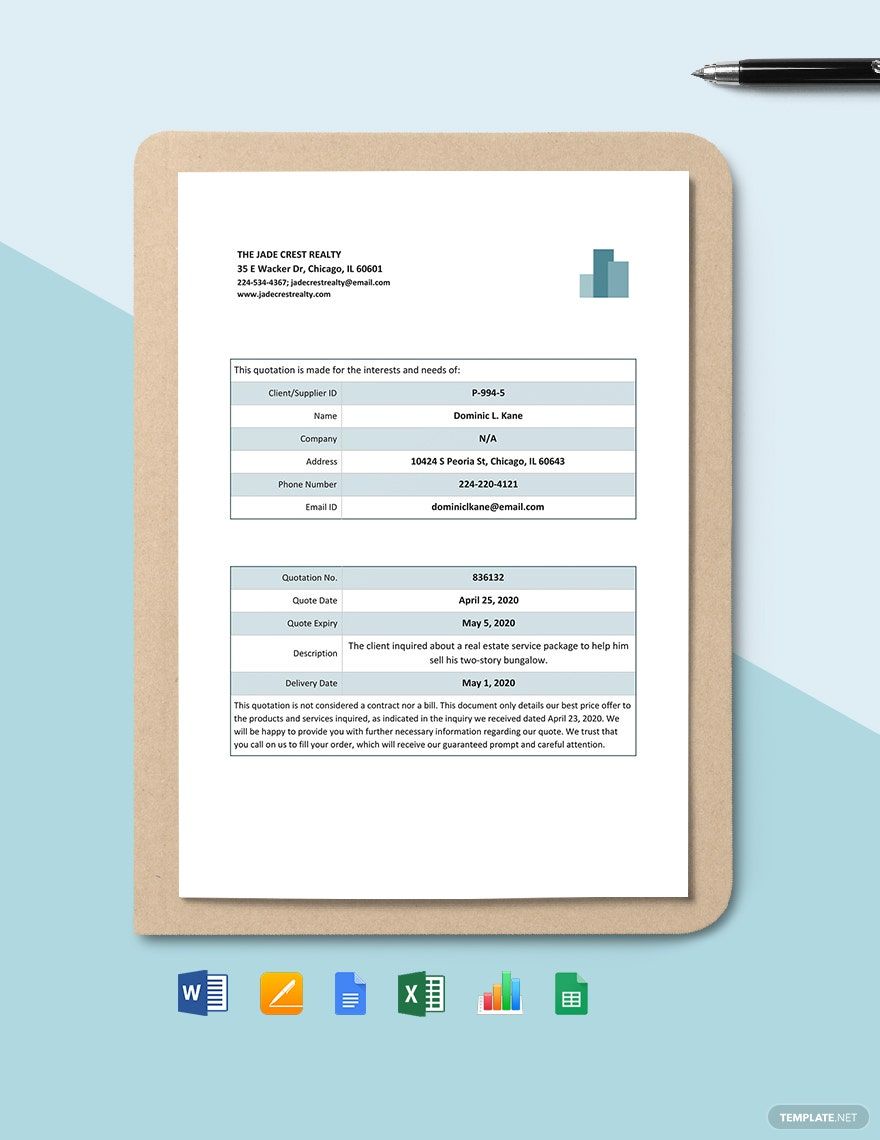 Blank Price Quotation Template - Google Docs, Google Sheets, Excel, Word, Apple Numbers, Apple ...