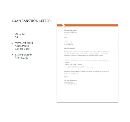 Loan Sanction Letter Template: Download 700+ Letters in Word, Pages ...