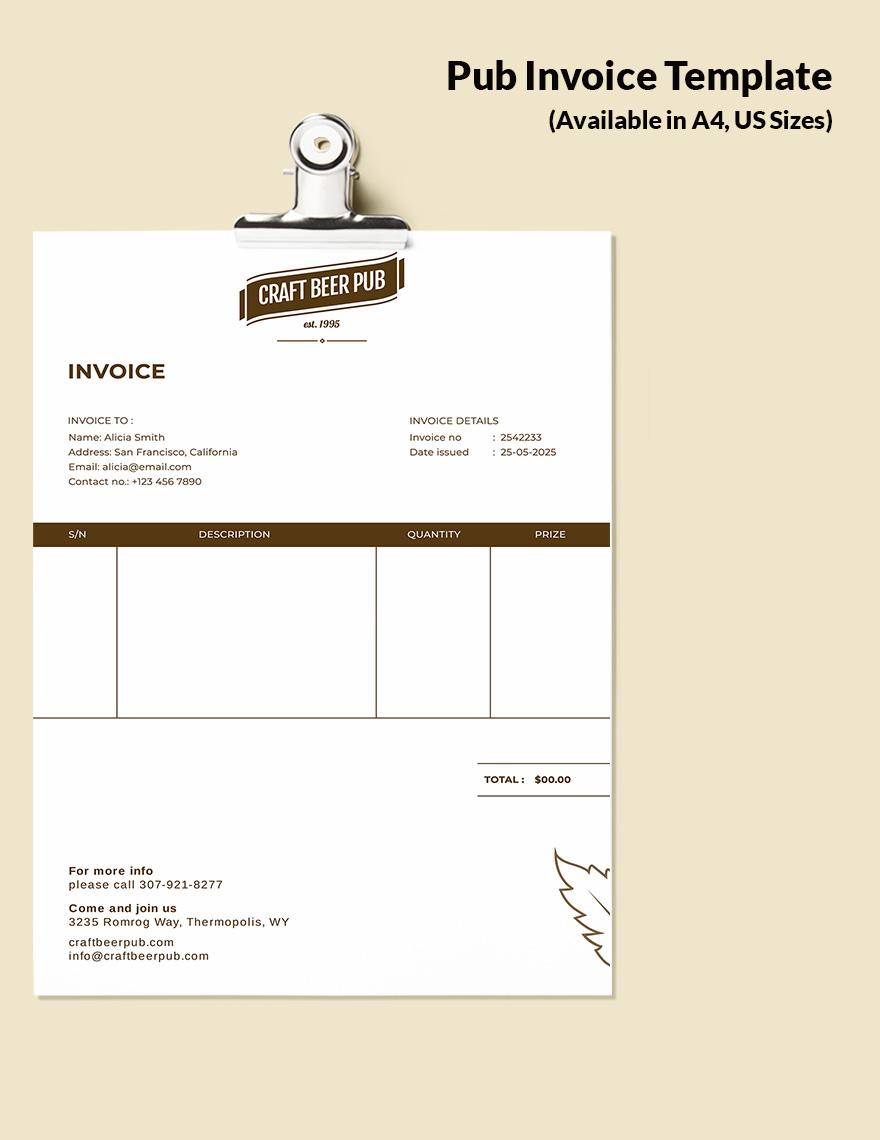 Pub Invoice Template - Google Docs, Google Sheets, Illustrator ...