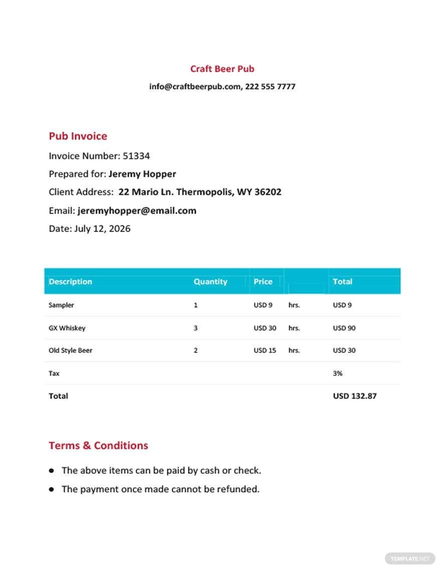 Pub Invoice Template - Google Docs, Google Sheets, Illustrator ...