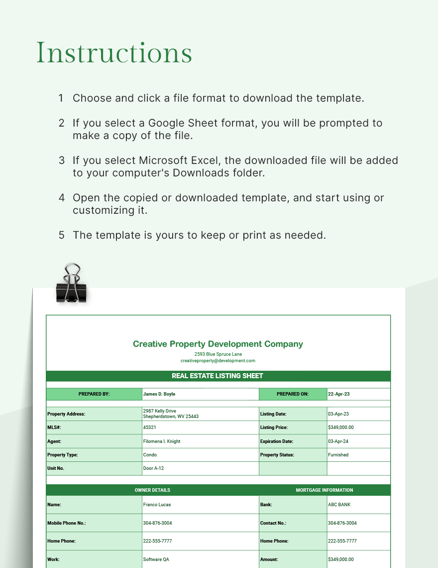 Real Estate Listing Sheet Template - Google Sheets, Excel, Apple ...