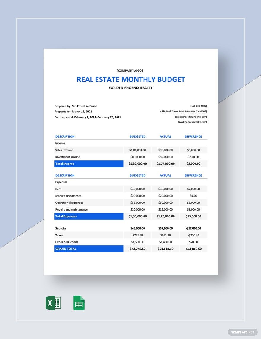 Real Estate Monthly Budget Template Google Docs Google Sheets Excel