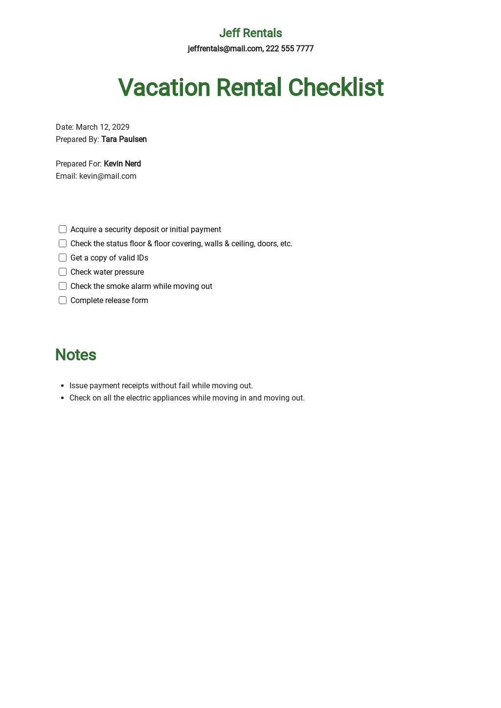 Vacation Rental Check Out Instructions Template