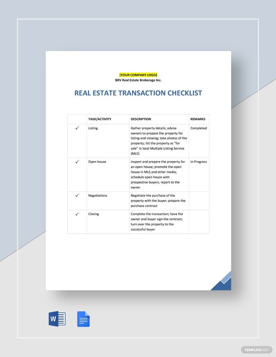 Real Estate Transaction Checklist Template Google Docs Word 