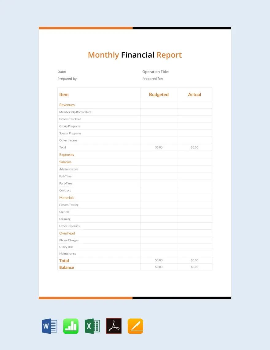 Monthly Financial Report Template Word