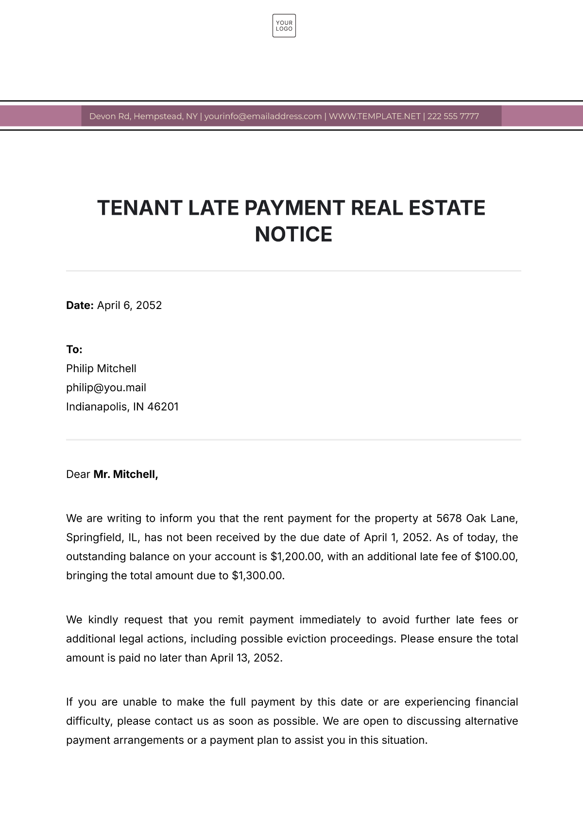 Free Tenant Late Payment Real Estate Notice Template To Edit Online