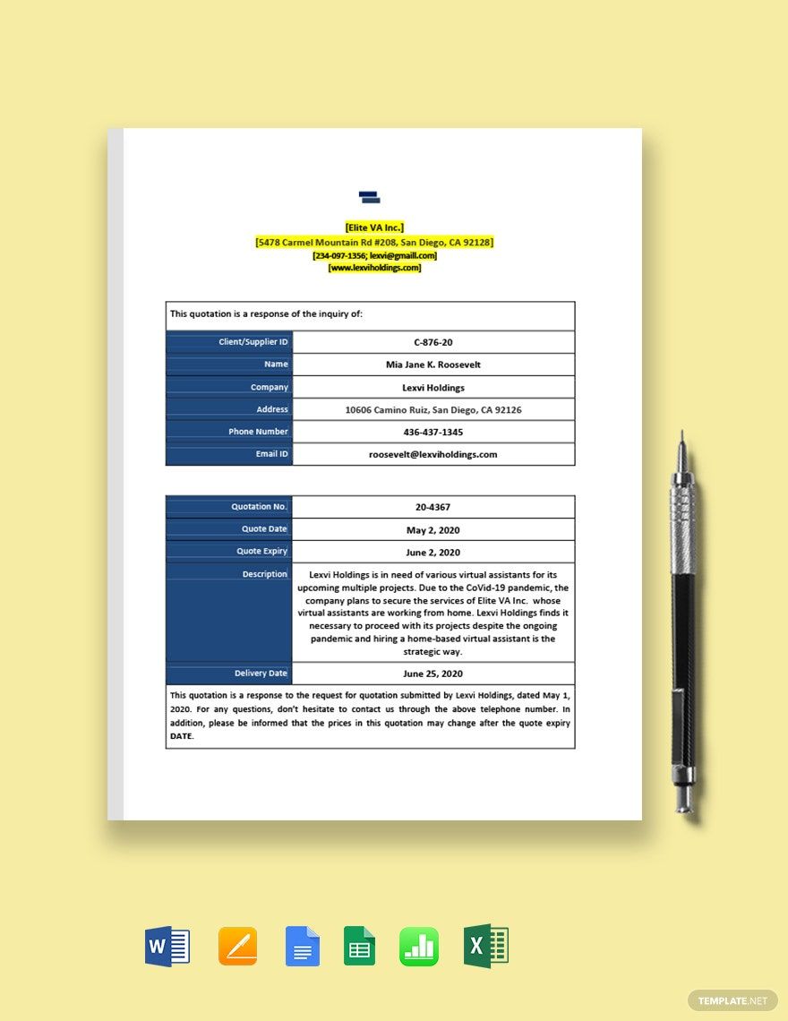 Blank Price Quotation Template - Google Docs, Google Sheets, Excel, Word, Apple Numbers, Apple ...