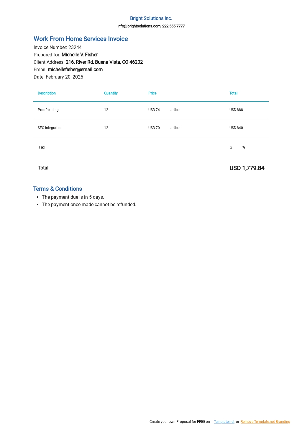 Work From Home Services Invoice Template