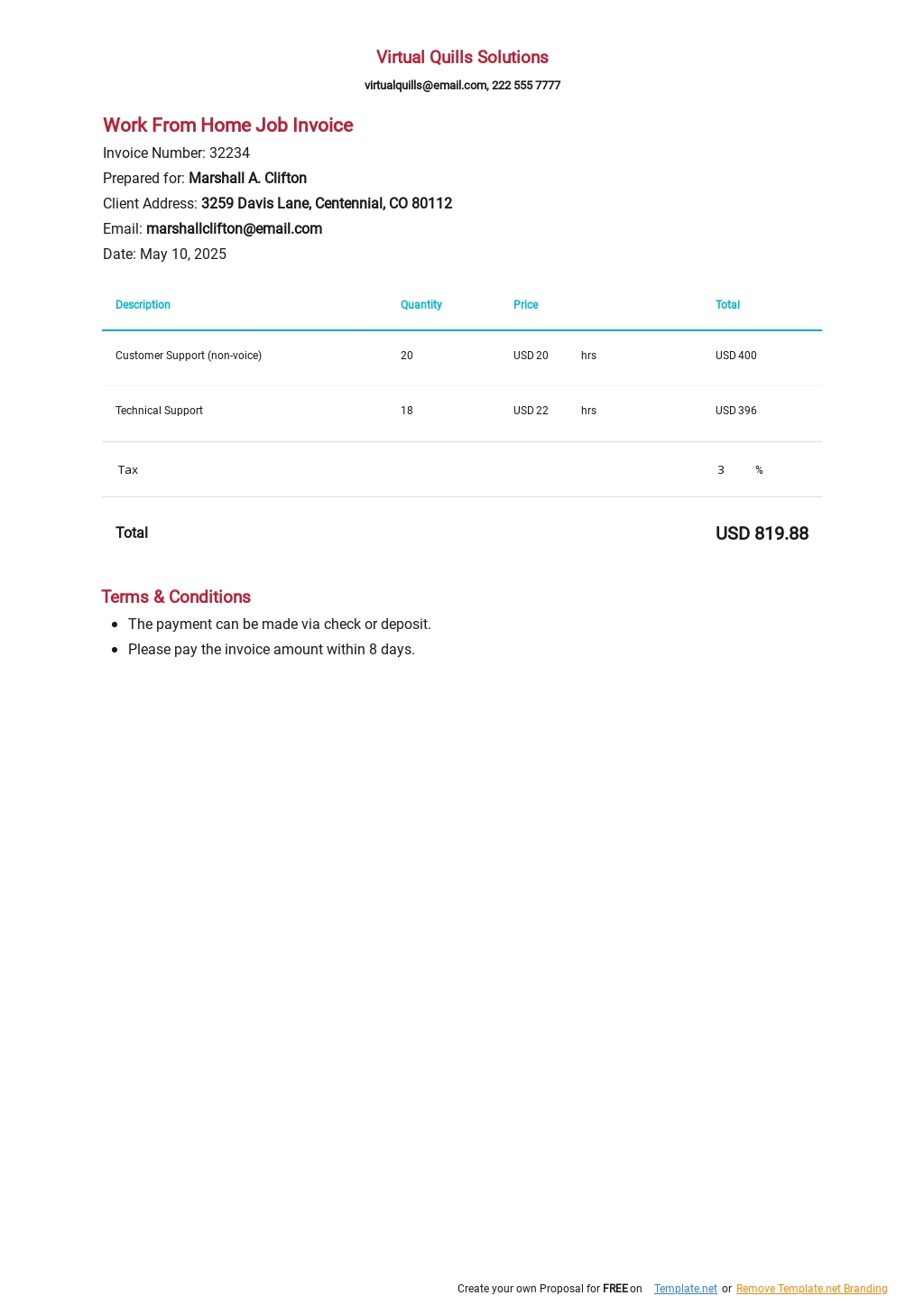 Work From Home Job Invoice Template