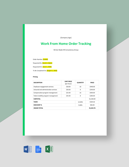 Free Sample Work From Home Order Template - Google Docs, Google Sheets, Excel, Word, Apple ...