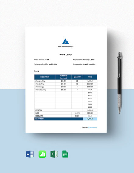 x`Printable Work Order Form Template - Google Docs, Google Sheets, Excel, Word, Apple Numbers ...