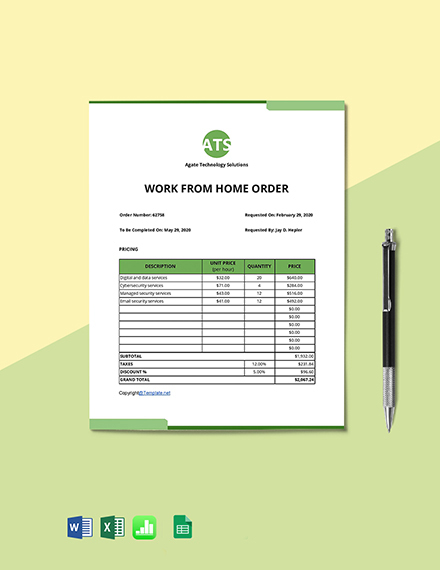 Free Sample Work From Home Order Template - Google Docs, Google Sheets, Excel, Word, Apple ...