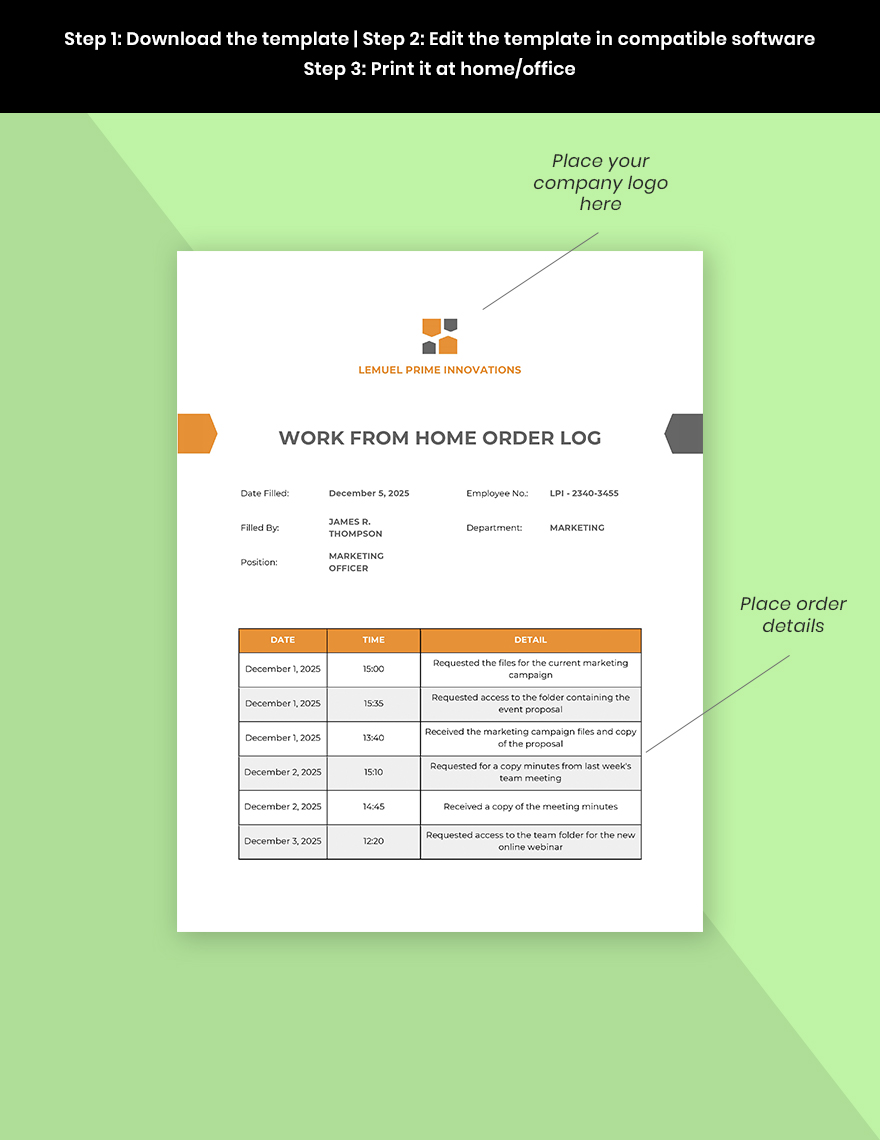 Work From Home Order Log Template - Download in Word, Google Docs, Excel, Google Sheets, Apple ...