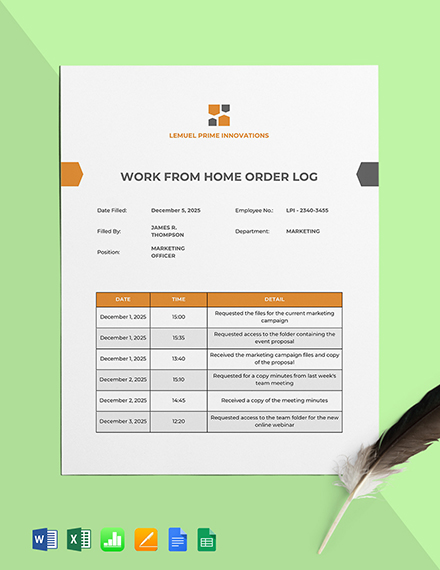 Daily Work From Home Log Template - Google Docs, Google Sheets, Excel, Word, Apple Numbers ...