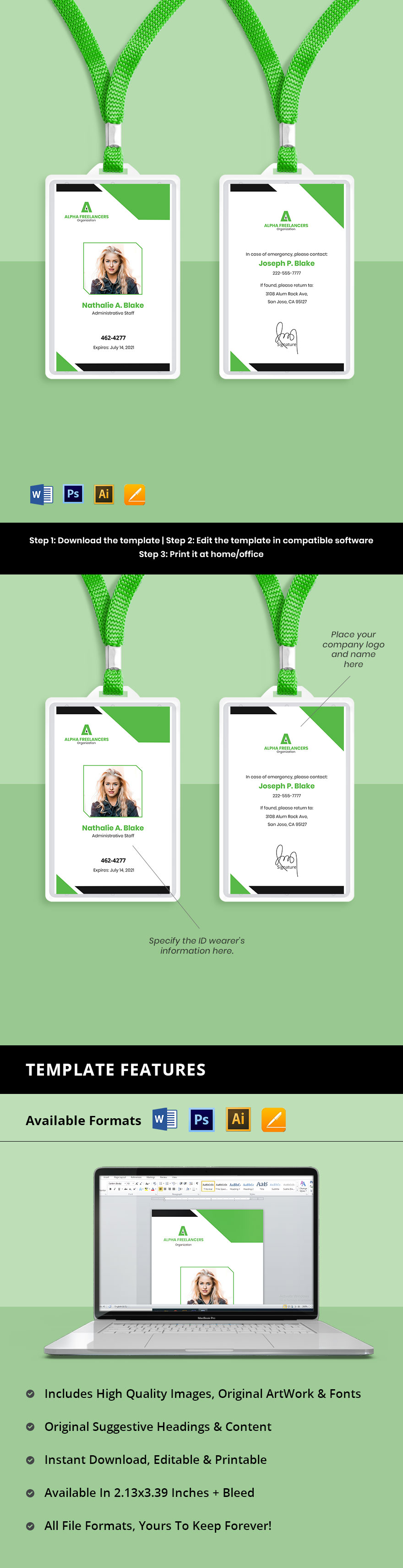 Free Simple Freelance ID Card Template - Illustrator, Word, Apple Pages ...
