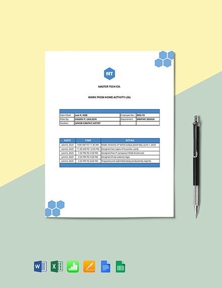 Daily Work From Home Log Template - Google Docs, Google Sheets, Excel, Word, Apple Numbers ...