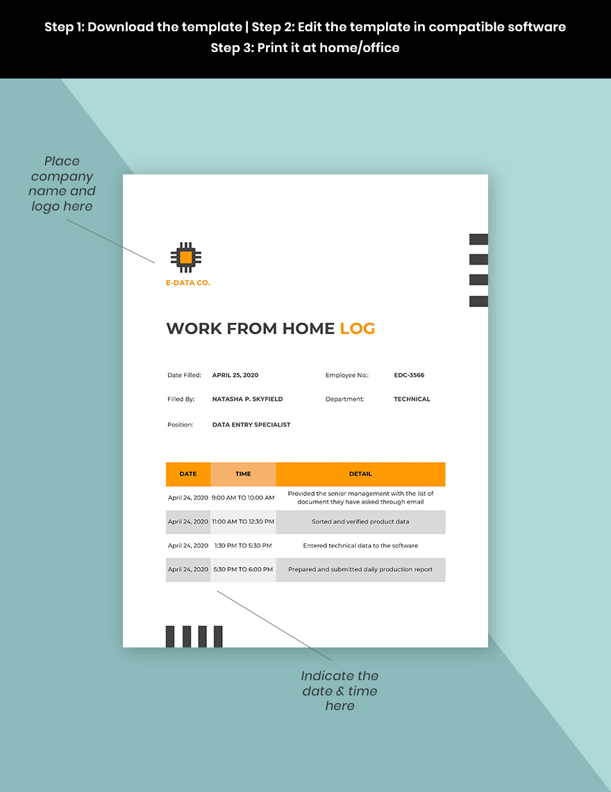Work From Home Log Form Template in Pages, Numbers, Word, Excel, Google ...