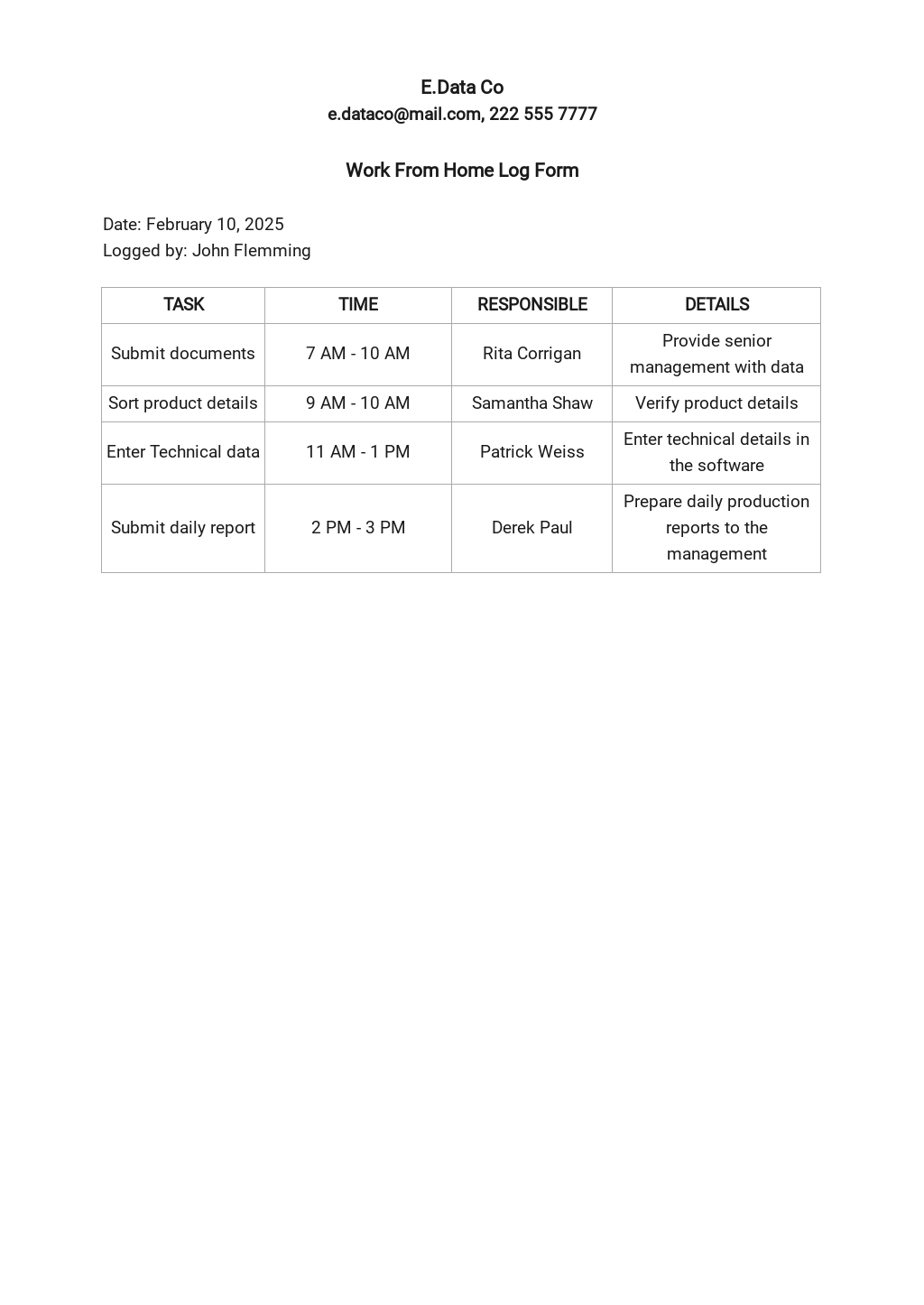 Work From Home Log Form Template