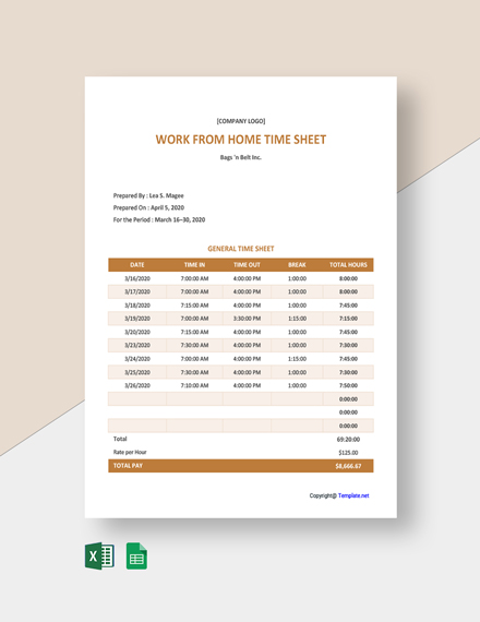 Free Sample Work From Home Timesheet Template