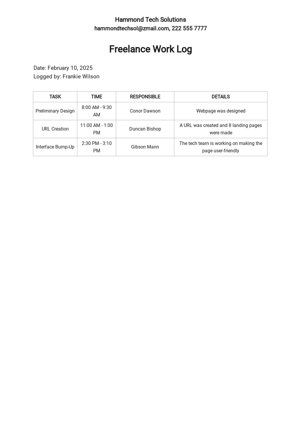Work From Home Time Log Template
