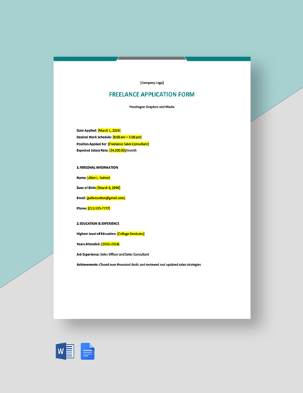 Free Simple Freelance Application Form Template - Word | Template.net