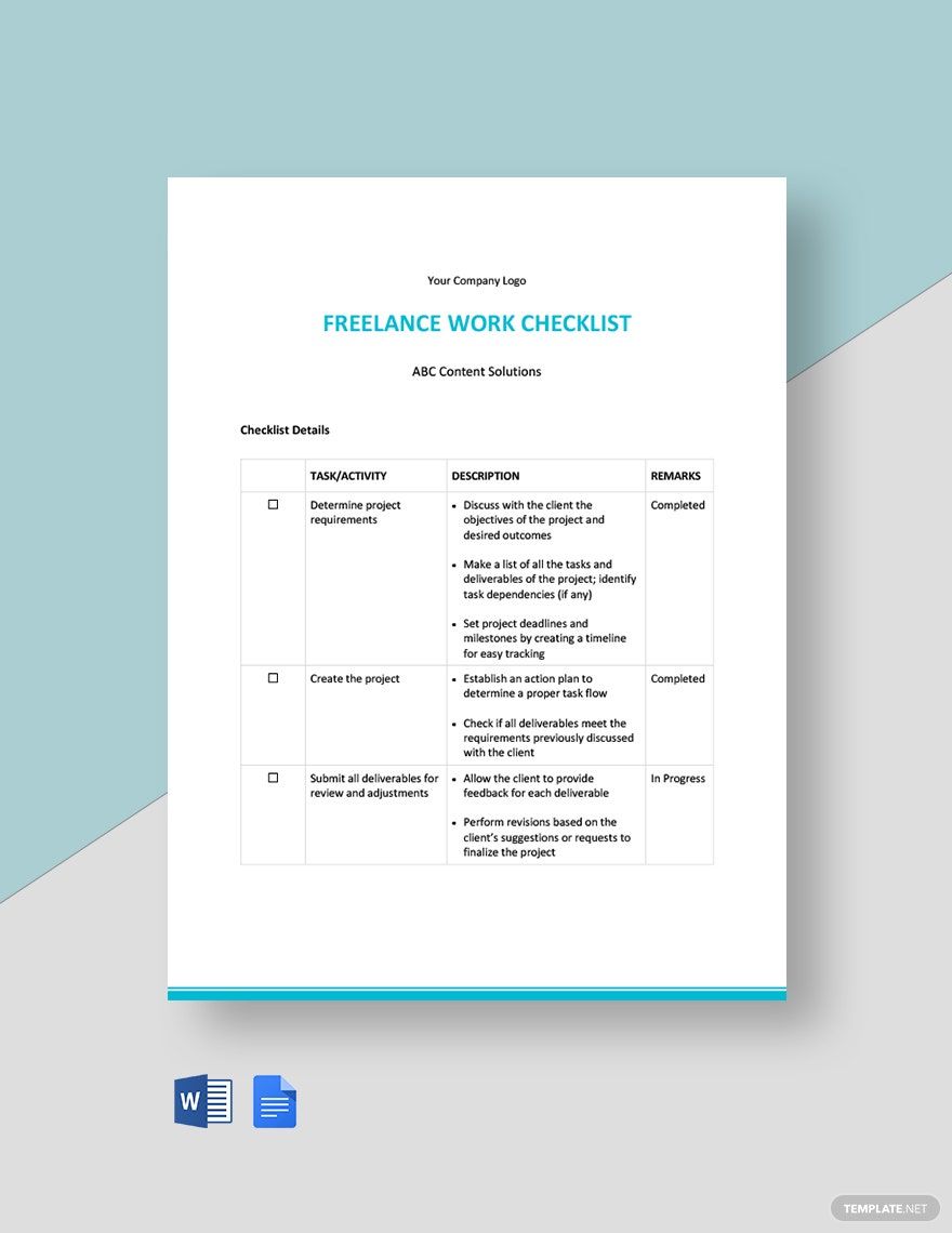 Free Sample Freelance Checklist Template - Google Docs, Word | Template.net