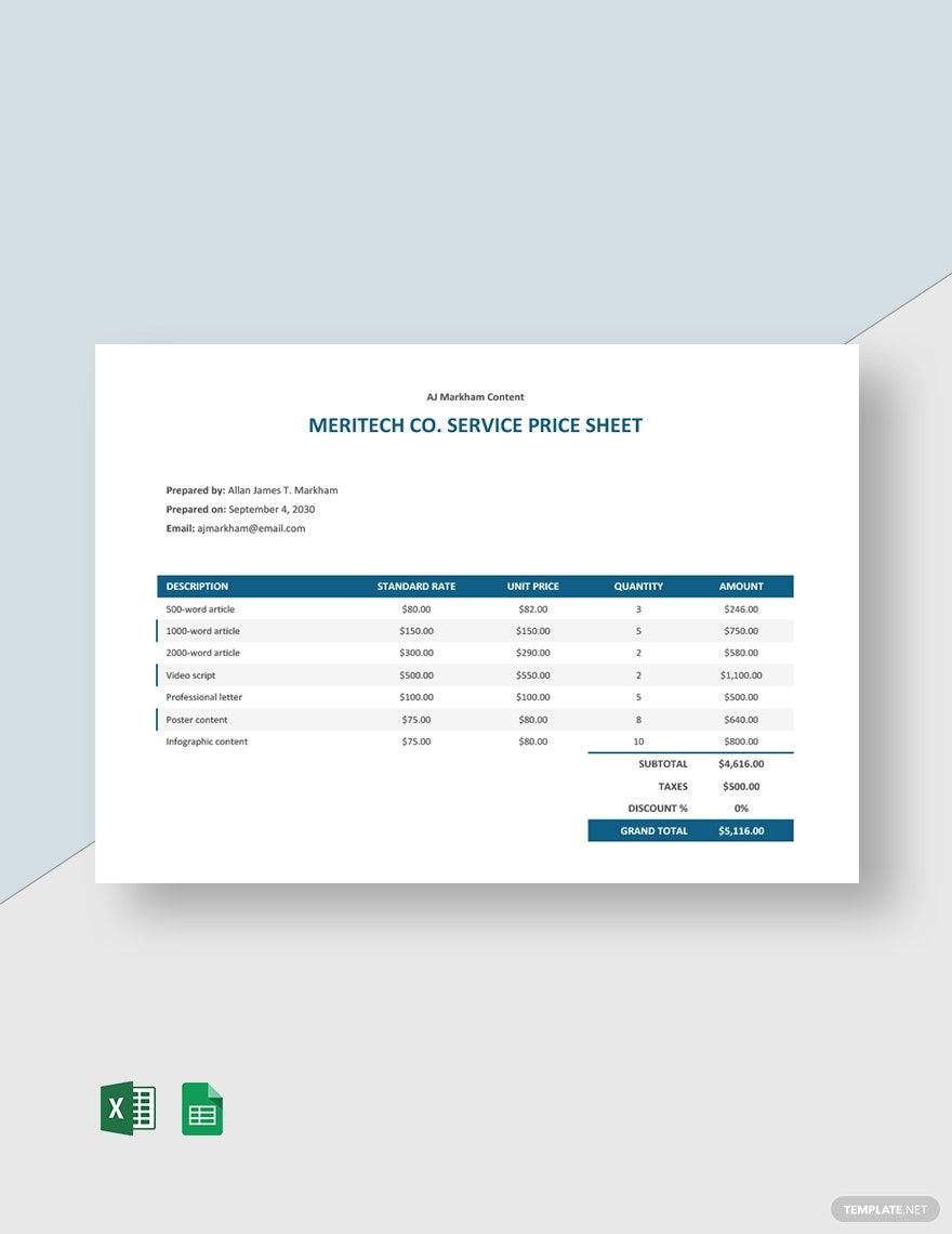 Free Service Rate Sheet Template - Illustrator, Excel, Word, Apple ...