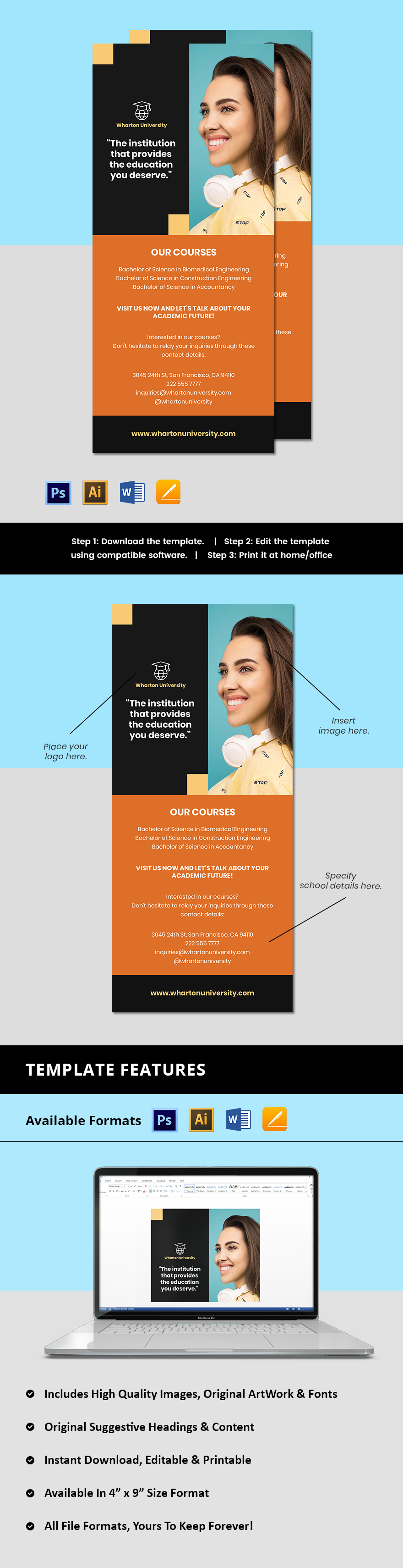 University Advertising Rack Card Template - Illustrator, Word, Apple ...