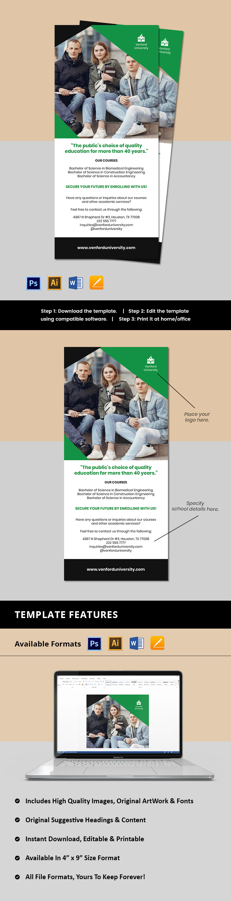 Free Professional University Rack Card Template - Illustrator, Word ...