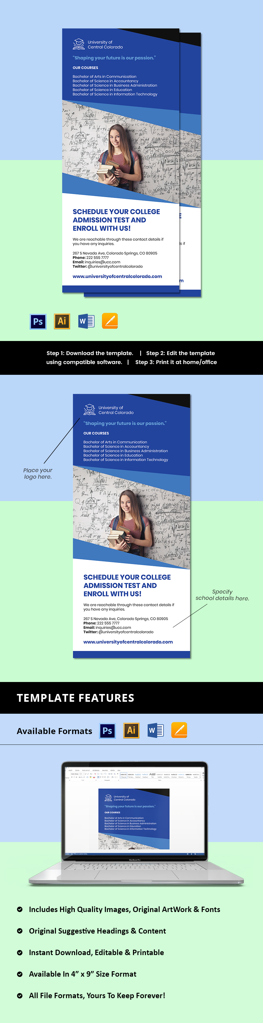 University Promotion Rack Card Template - Illustrator, Word, Apple ...