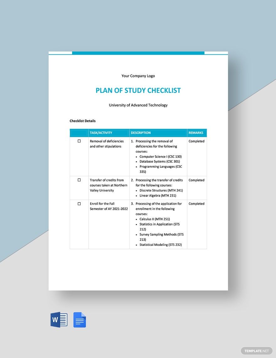 College Study Plan Template Google Docs Word PDF Template