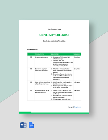 Free Basic University Checklist Template - Google Docs, Word | Template.net