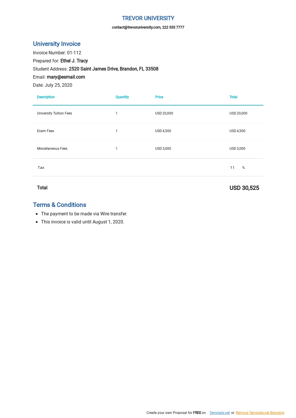 Free Blank University Invoice Template - Google Docs, Google Sheets, Excel, Word | Template.net