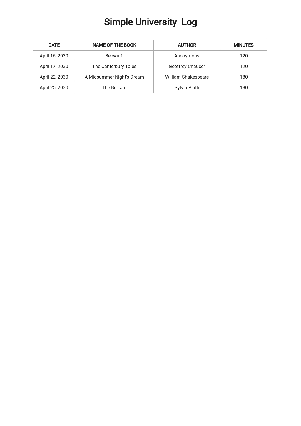 Free Sample University Log Template - Google Docs, Google Sheets, Excel, Word | Template.net