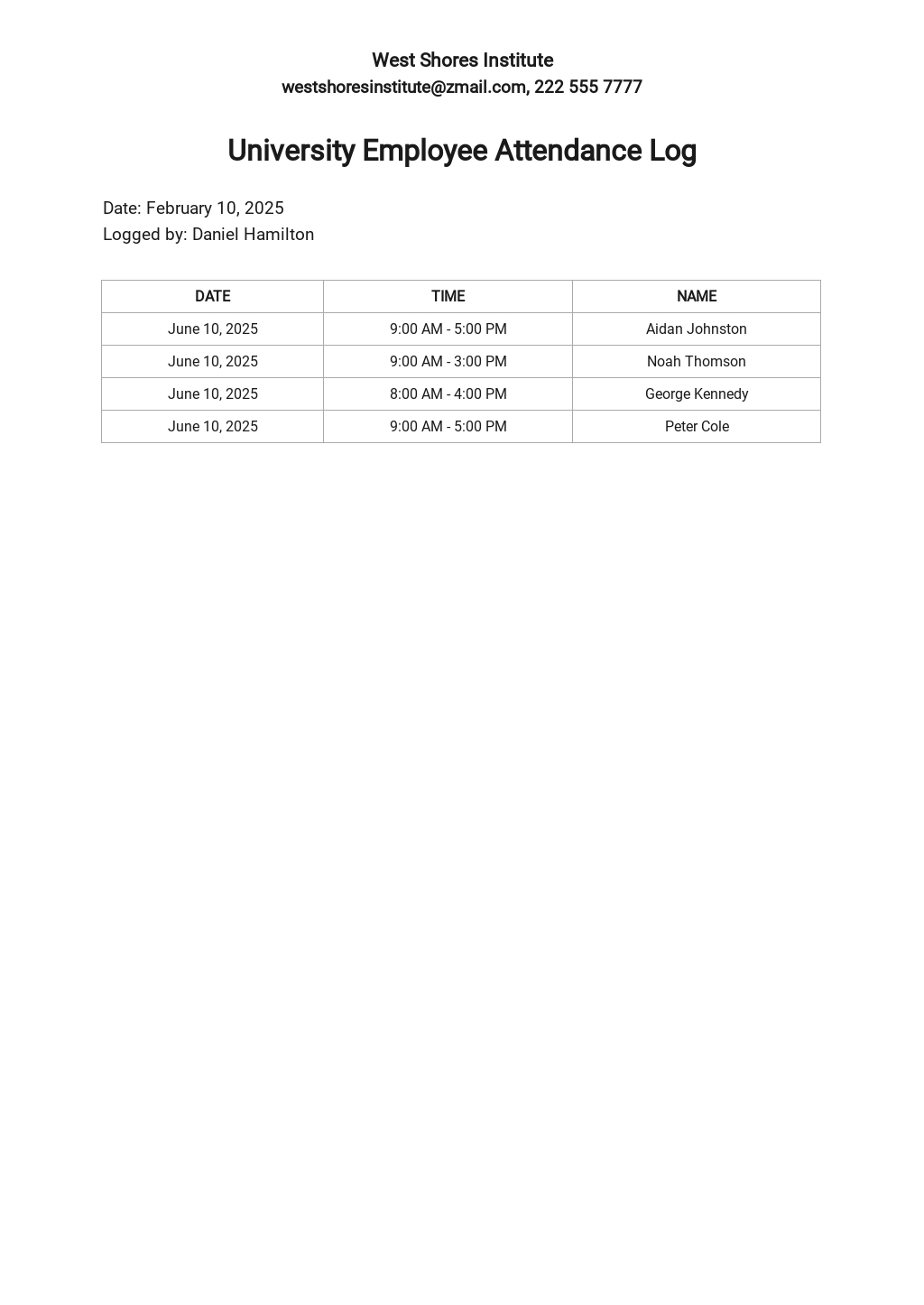 University Employee Attendance Log Template [Free PDF] - Google Docs, Google Sheets, Excel, Word ...