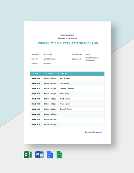 University Employee Attendance Log Template - Google Docs, Google Sheets, Excel, Word | Template.net