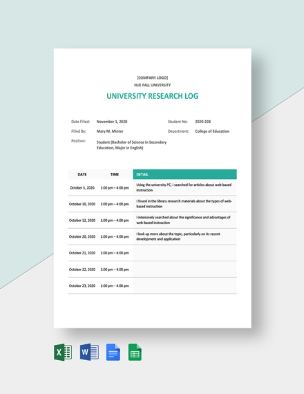 Free Sample University Log Template - Google Docs, Google Sheets, Excel, Word | Template.net