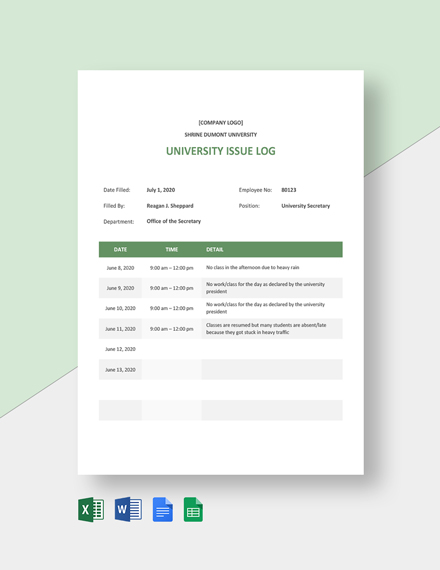 Free Sample University Log Template - Google Docs, Google Sheets, Excel ...
