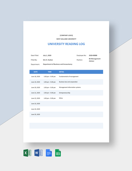 Free Sample University Log Template - Google Docs, Google Sheets, Excel, Word | Template.net