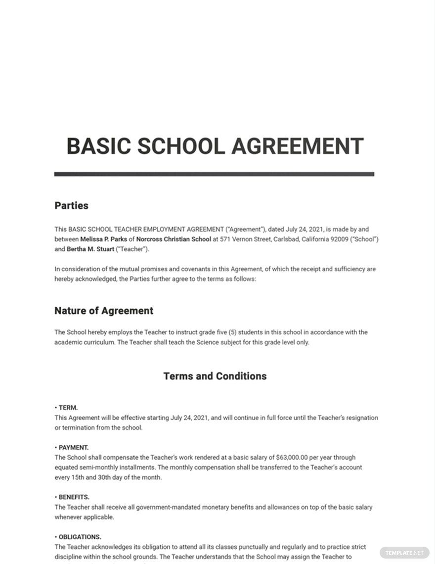 Free Basic School Agreement Template - Google Docs, Word, Apple Pages ...