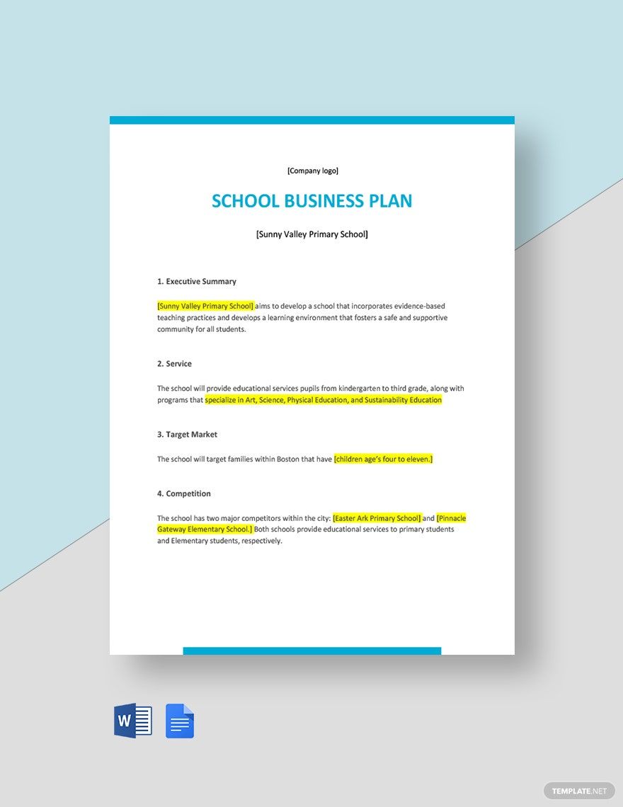 One Page School Business Plan Template Download In Word Google Docs 