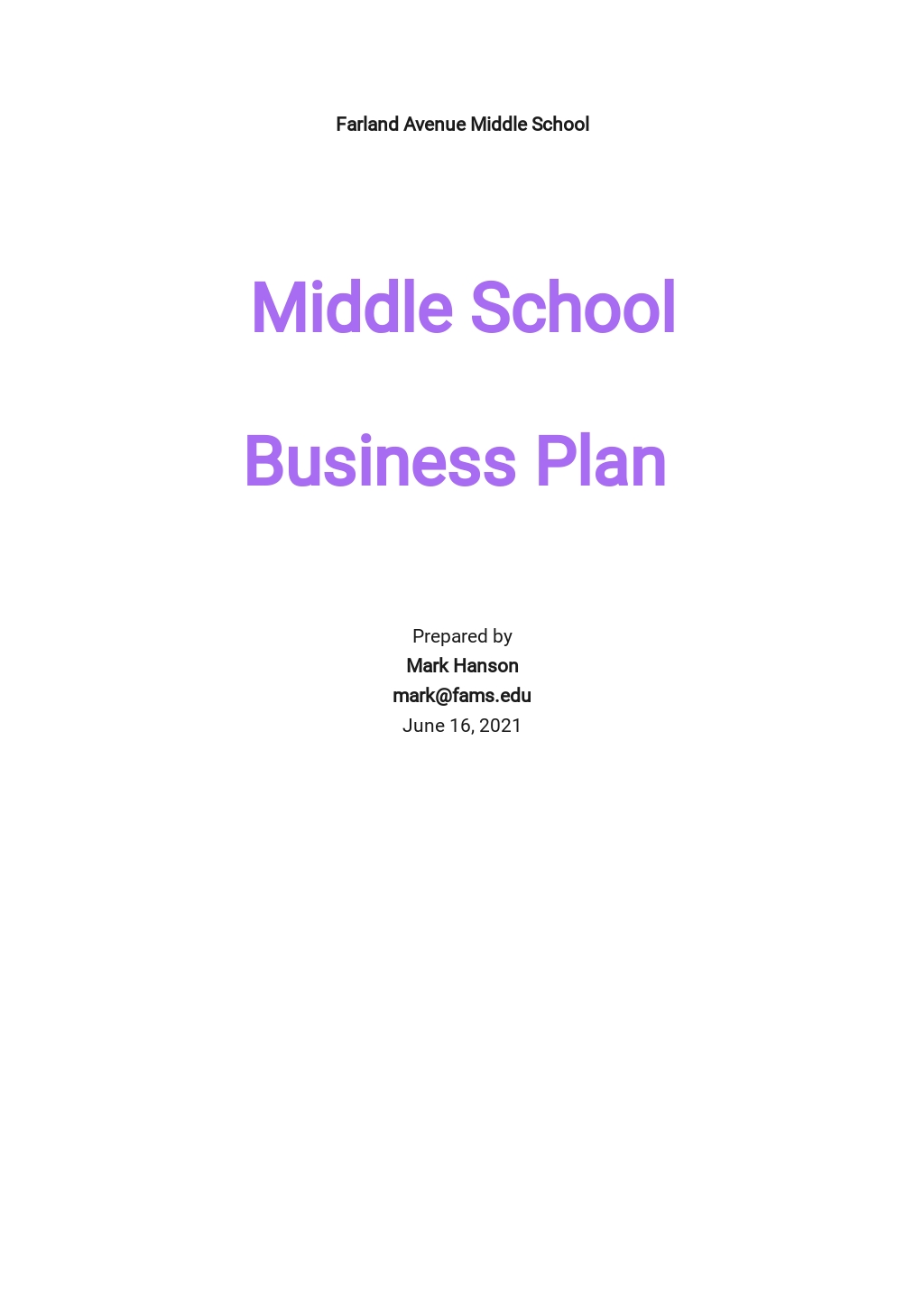 Business Plan Worksheet Middle School
