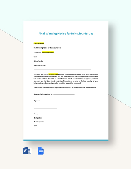 Employee Warning Notice Template - Google Docs, Word | Template.net
