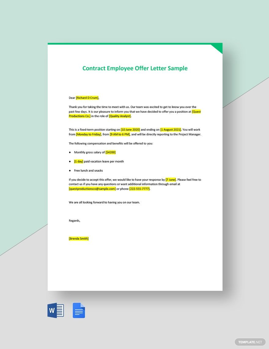 Free Contract Employee Offer Letter Sample Template Google Docs Word 