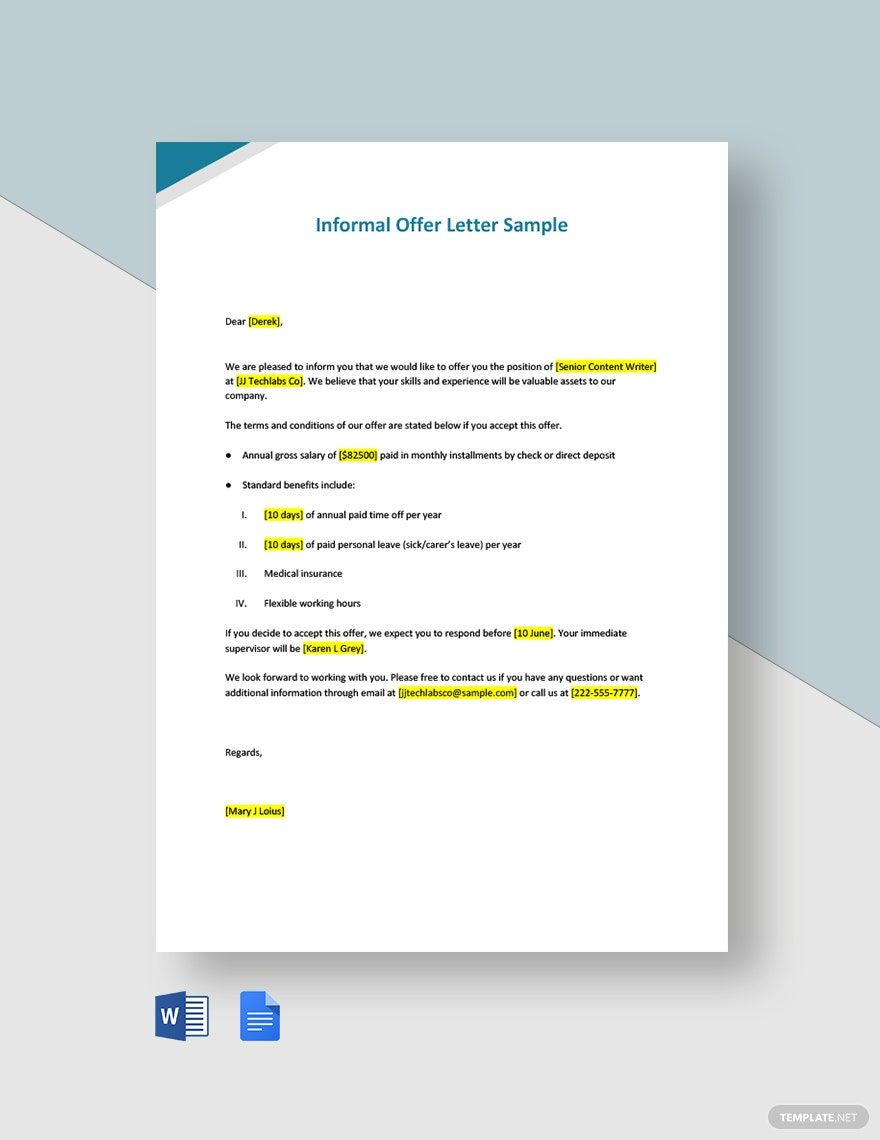 Free Informal Offer Letter Sample Google Docs Word Apple Pages PDF 