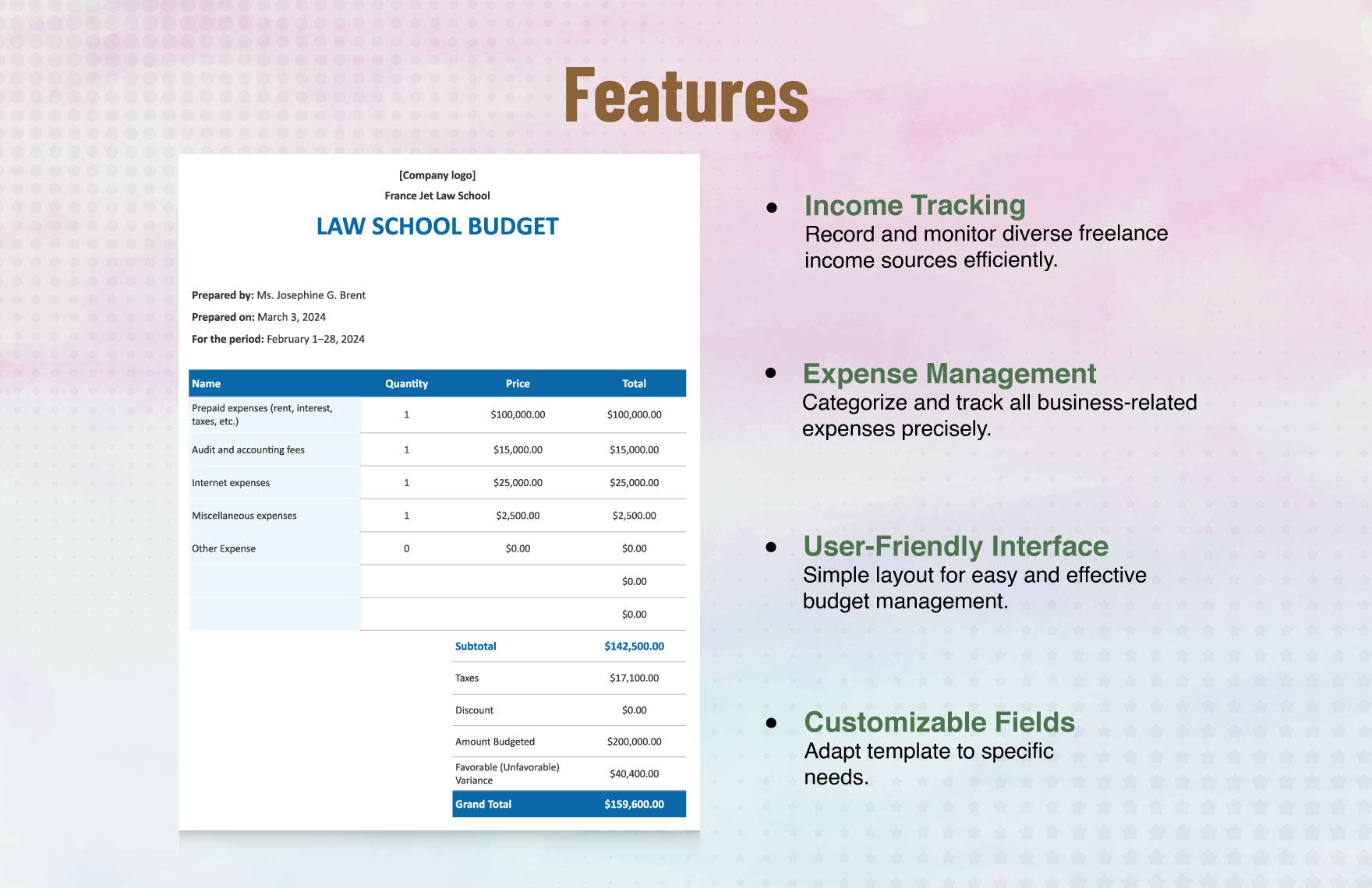 Law School Budget Template in Word, Google Docs, Google Sheets, Excel ...