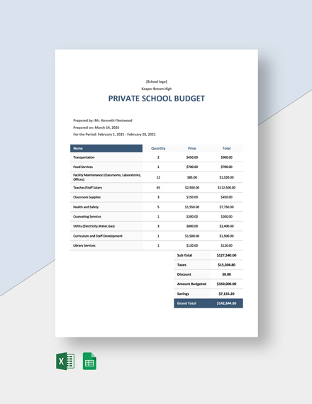 Private School Budget Template Excel Google Sheets Template