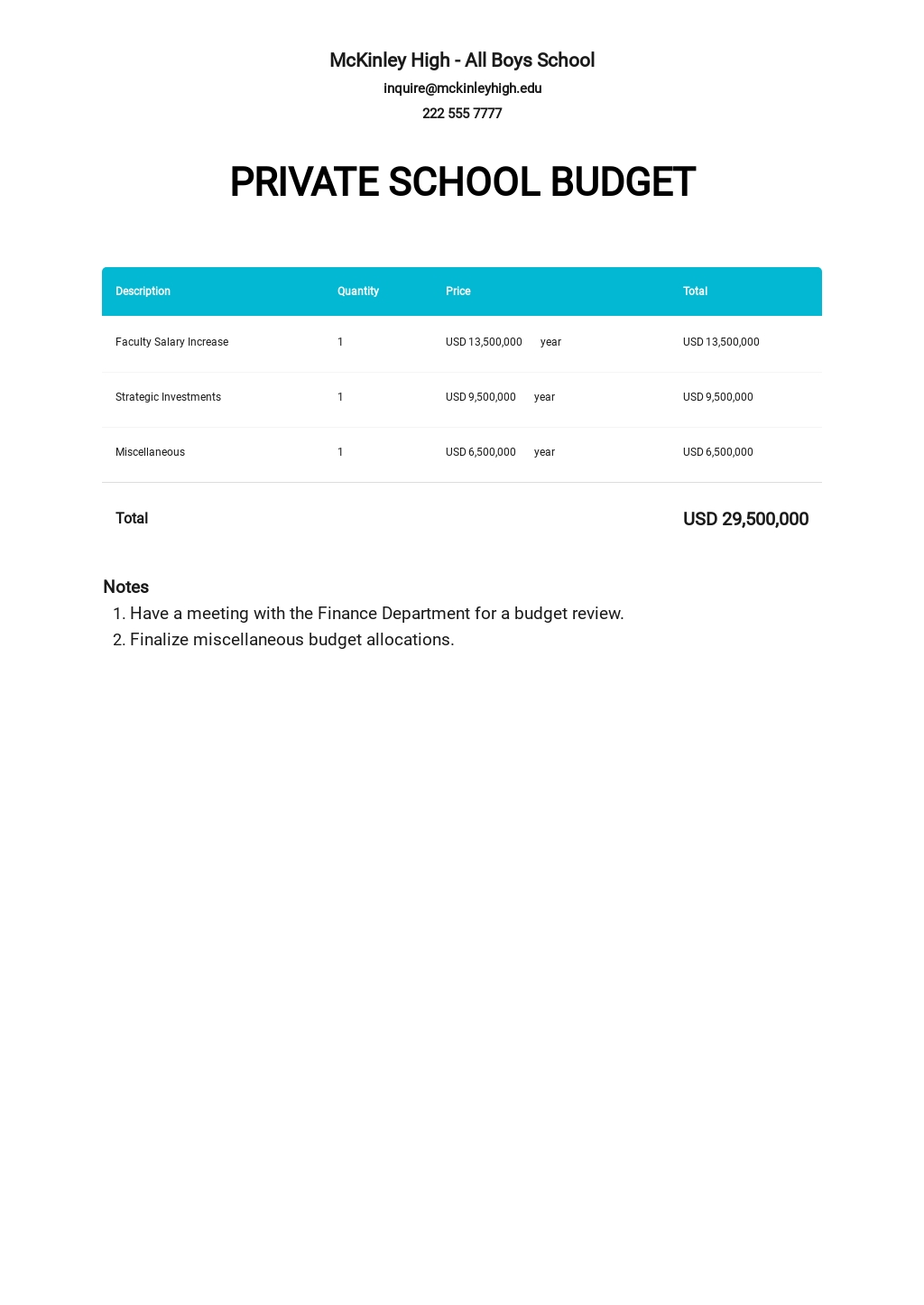 Sample Elementary School Budget Template Free PDF Google Docs